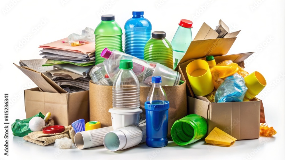 Colorful recyclable waste including plastic bottles, cardboard boxes ...