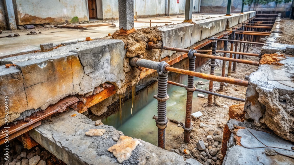 Cracked concrete foundation with water damage, exposed rebar, and rusty ...