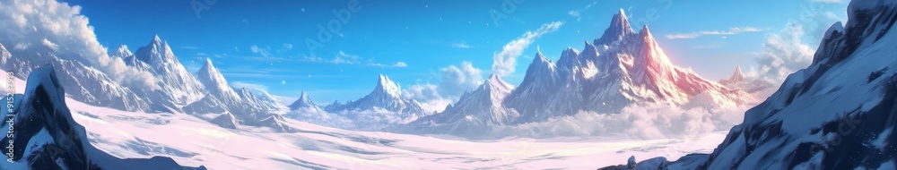 Snowy Peaks in a Winter Wonderland: Anime-Style Mountain Range Towering ...