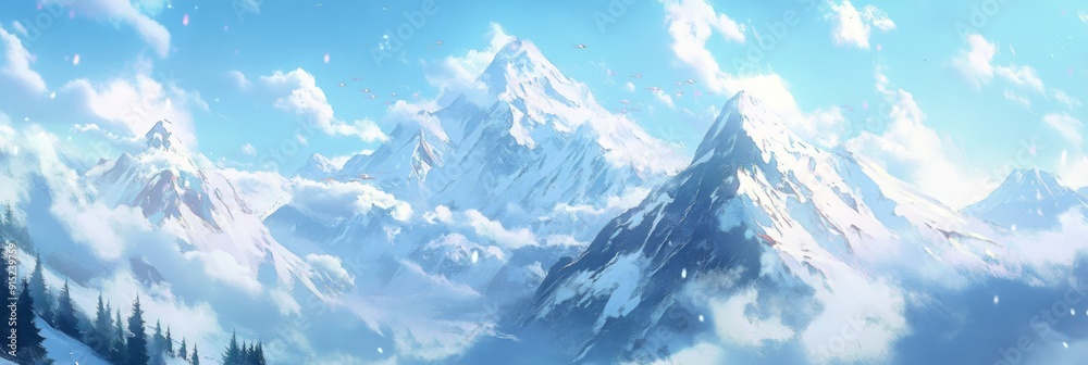 Snowy Peaks in a Winter Wonderland: Anime-Style Mountain Range Towering ...