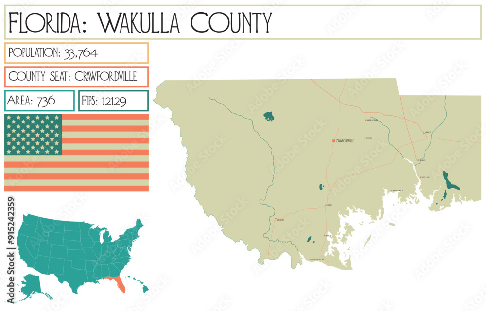 Large and detailed map of Wakulla County in Florida USA. Stock Vector ...