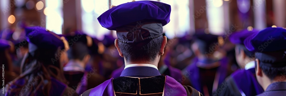 Students in Cap and Gown at Graduation Ceremony View from behind of ...