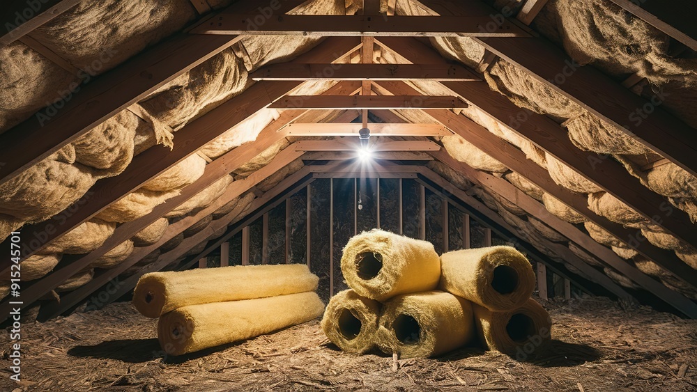 Empty attic in the house with mineral wool insulation, installing ...