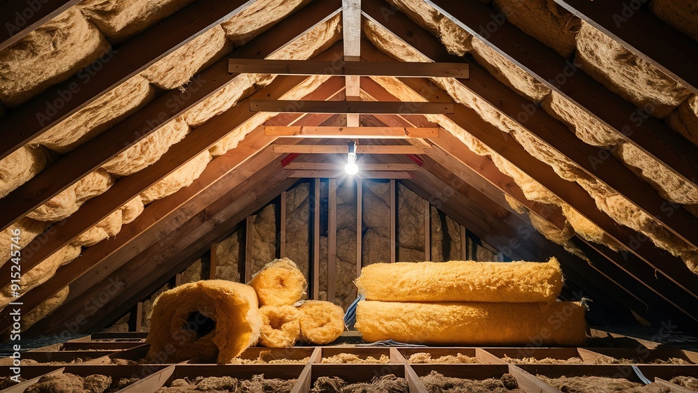Empty attic in the house with mineral wool insulation, installing ...