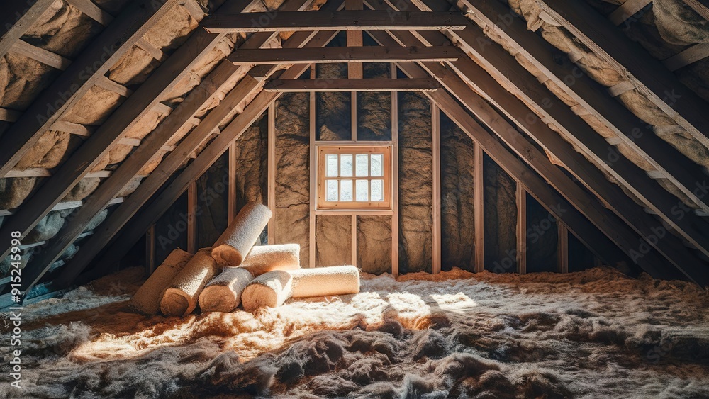 Attic with cellulose insulation and window, Well-organized attic space ...