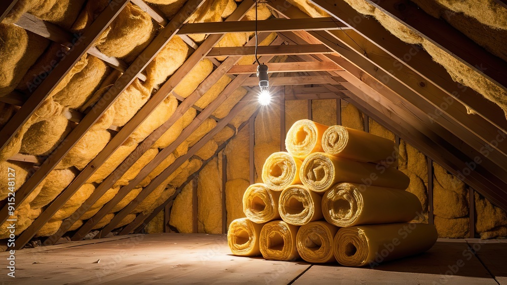 Empty attic in the house with mineral wool insulation, installing ...