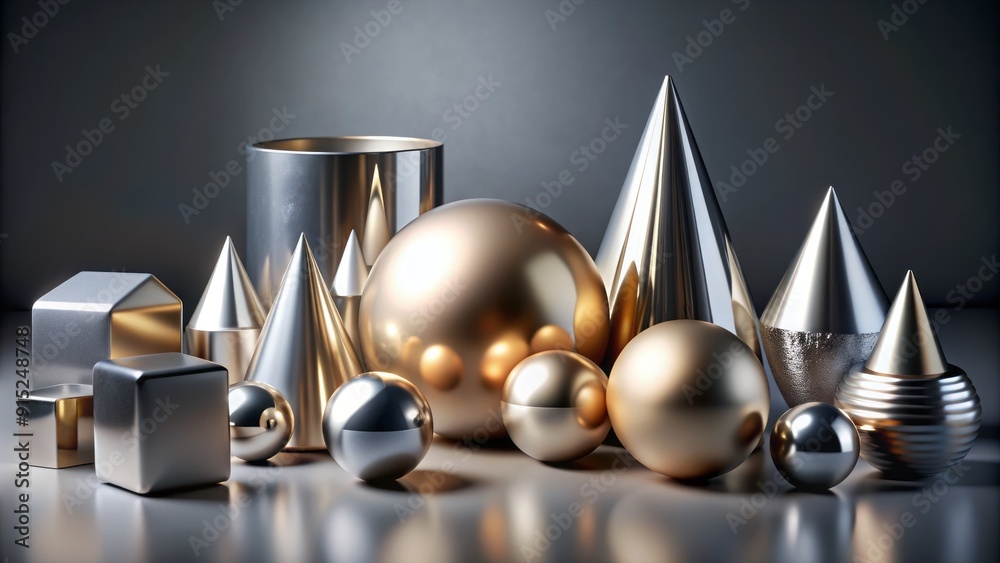 Shiny metallic shapes in various geometric forms, including spheres ...