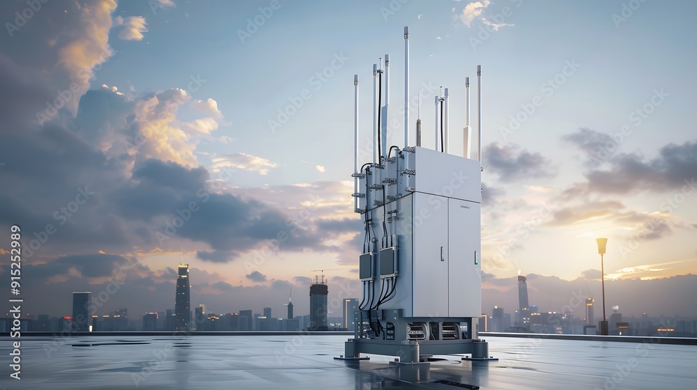 5G Base Transceiver Station, sleek design with multiple antenna arrays ...