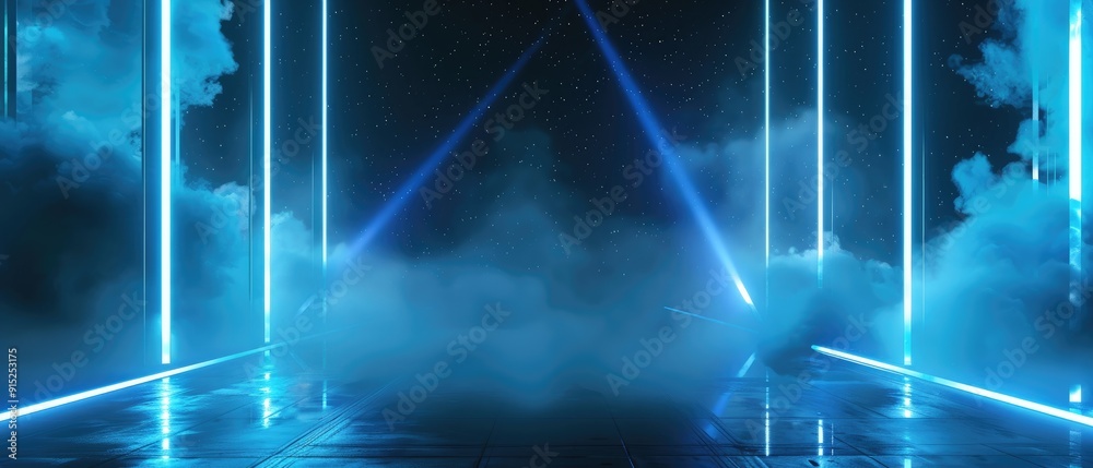 Epic blue background for video, with futuristic shapes and light beams ...