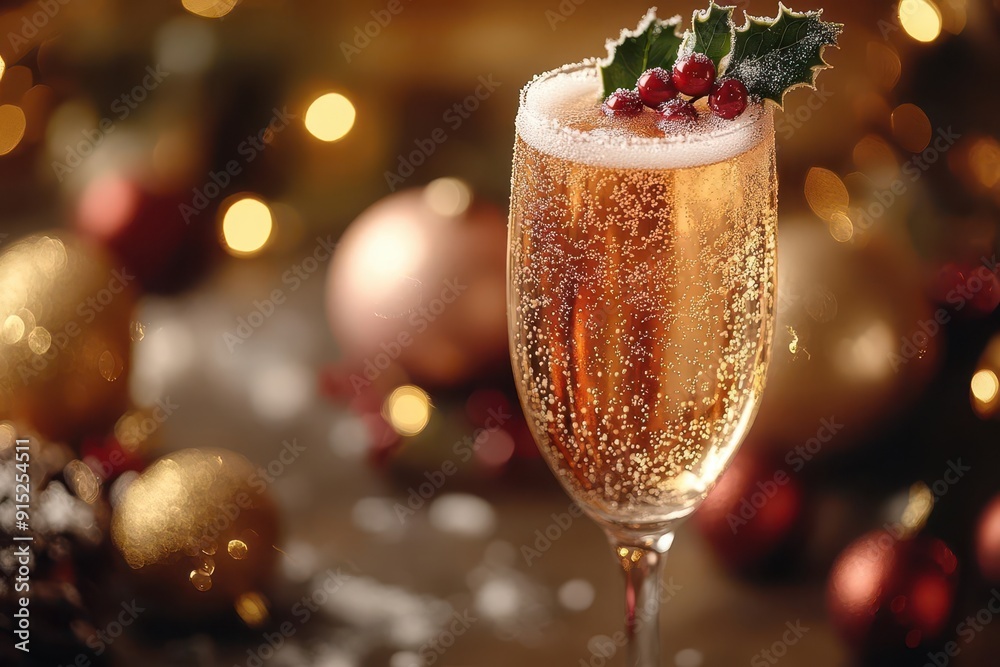 elegant champagne flute with effervescent bubbles rising through golden liquid adorned with a ...