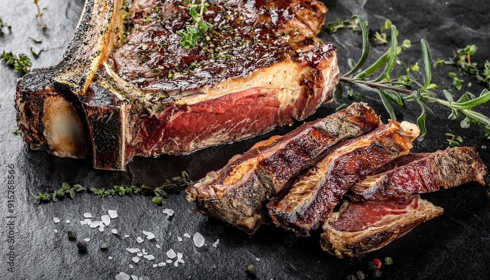 Primer plano de un chuletón a la brasa de ternera en un plato negro con ...