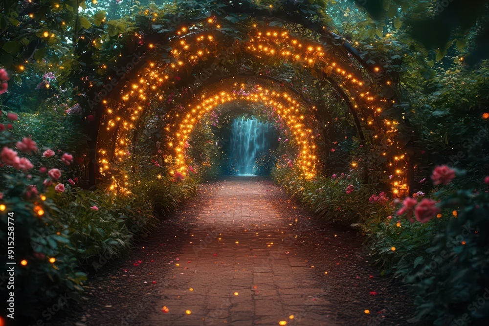 enchanted garden pathway lined with luminescent flower arches fireflies ...