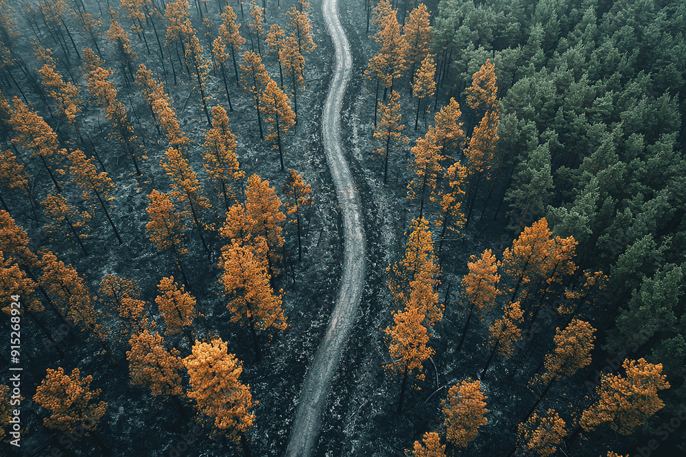 Aerial view of a charred forest after a fire, taken from a top down ...