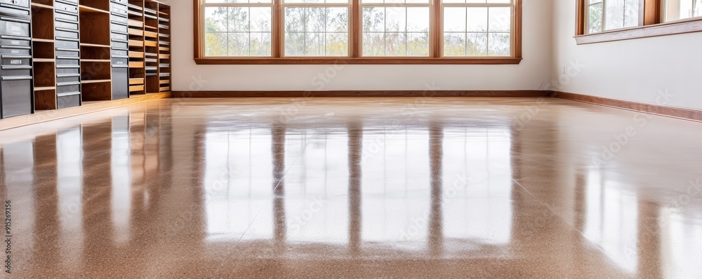 Clean garage floor with polished concrete and organized storage ...