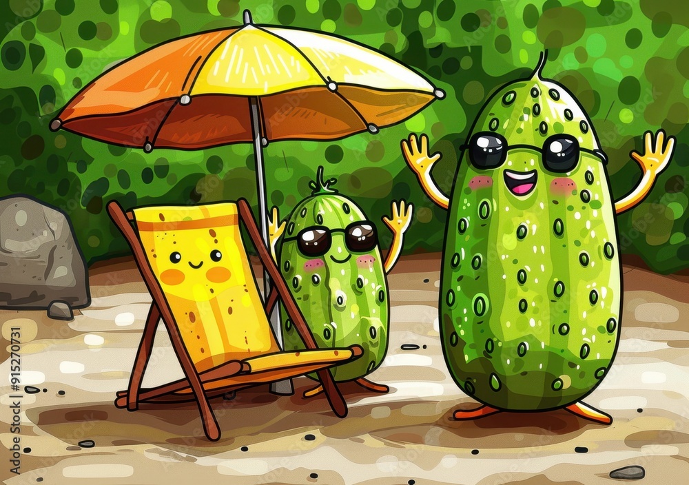 Two cute pickle characters relax on a sunny beach with a smiling sun ...