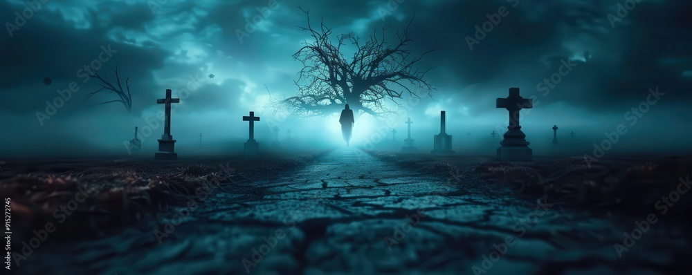 Spooky cemetery with dense fog and ghostly apparitions, creating a haunted and eerie scene ...