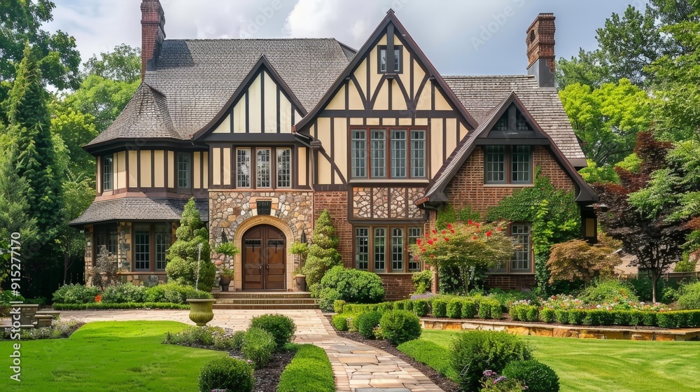 Write about half-timbered facades, steep gable roofs, and how Tudor ...