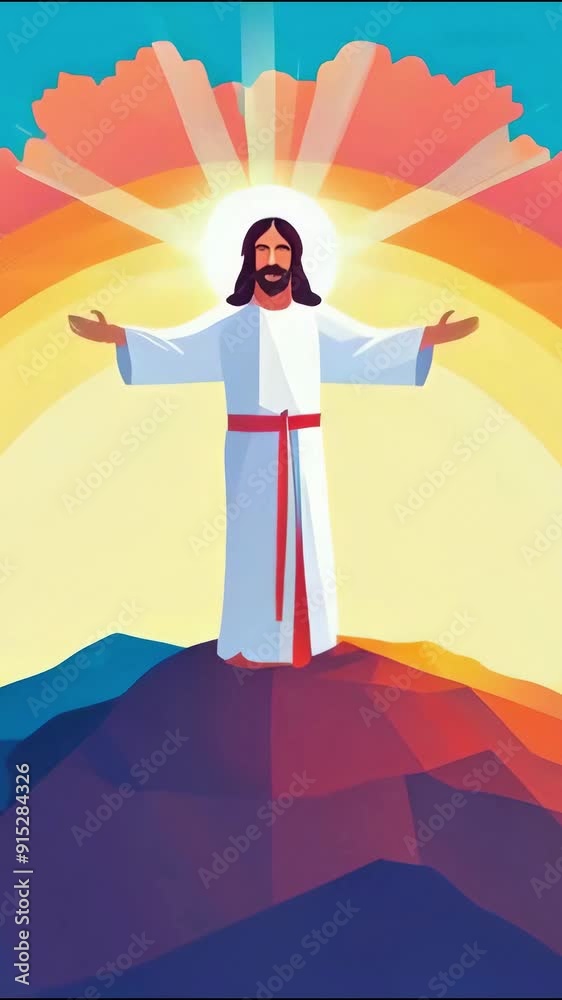 Jesus christ transfiguration in rays of holy light on top of the ...