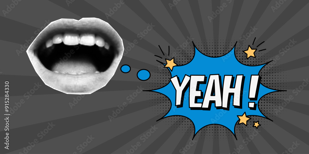 Halftone collage retro banner, open mouth and blue speech bubble ...