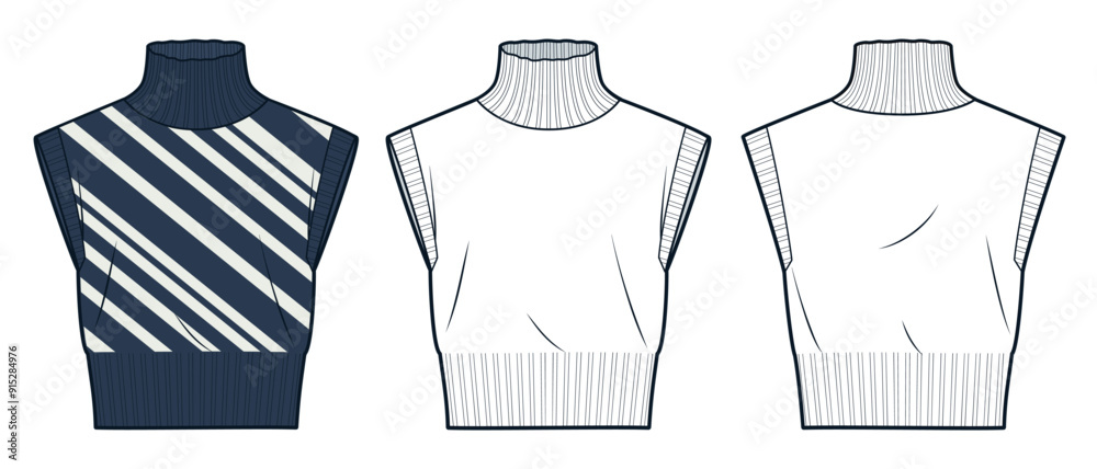 Roll Neck Sweater technical fashion illustration, striped pattern ...