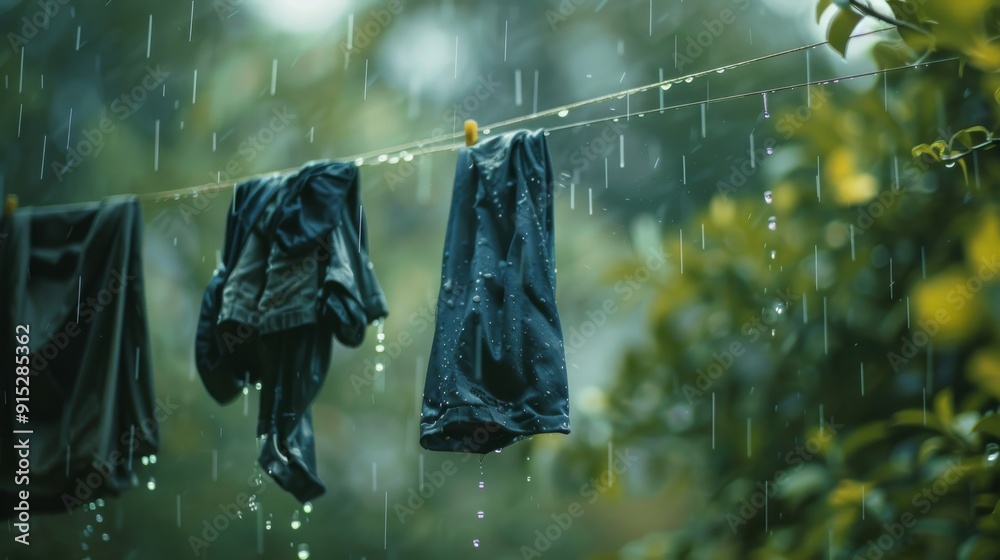 Freshly washed clothes hang outside on a clothesline, gently swaying in ...