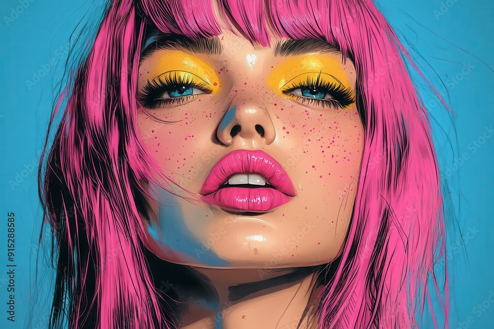 expressive portrait of woman with vibrant pink wig exaggerated open ...