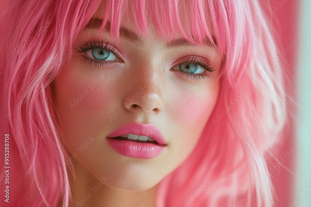 expressive portrait of woman with vibrant pink wig exaggerated open ...