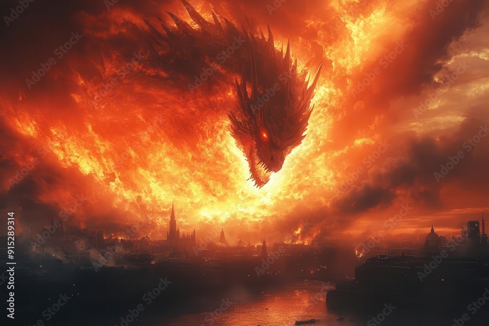 fearsome dragon wreaking havoc on cityscape fiery breath scales ...
