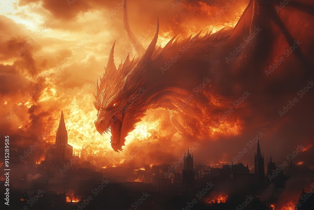 fearsome dragon wreaking havoc on cityscape fiery breath scales ...
