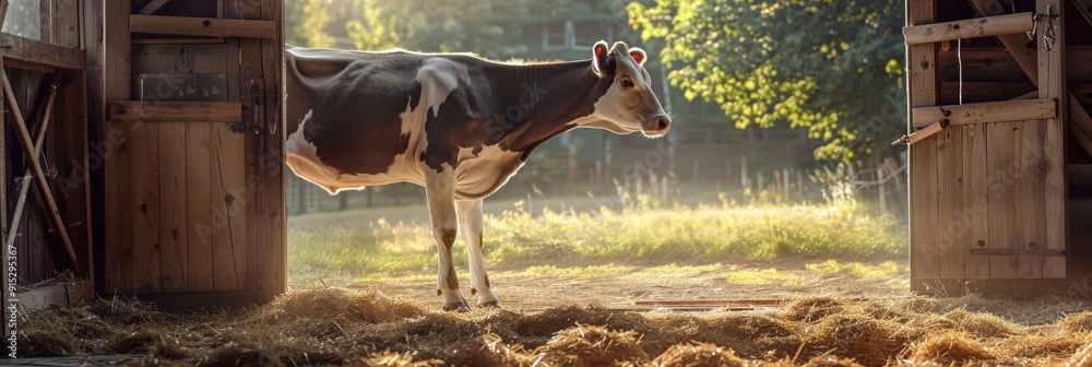 Clean and adorable dairy cow in a tidy barn overlooking a bright ...
