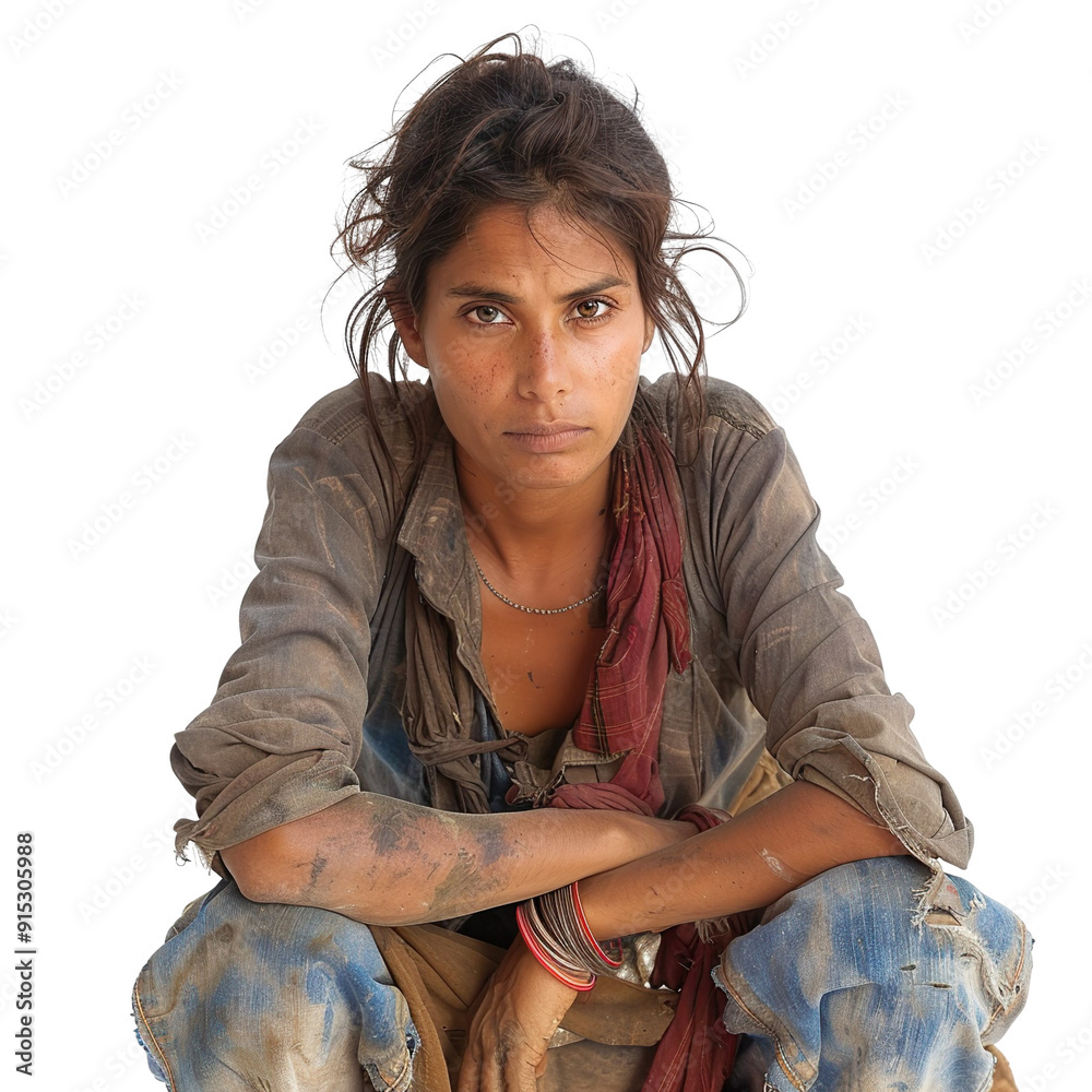 Front view mid body shot of a extremely ugly homeless Indian woman in ...