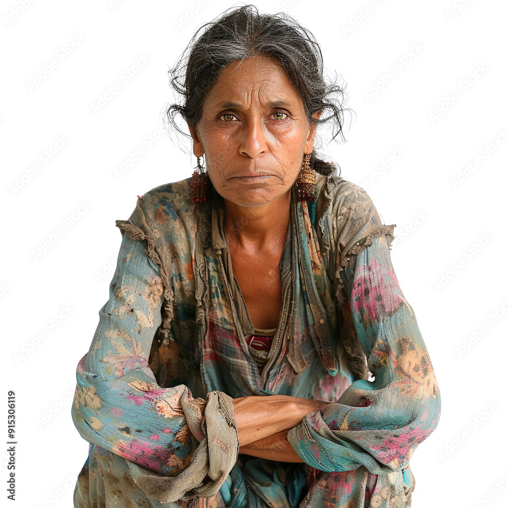 Front view mid body shot of a extremely ugly homeless Indian woman in ...