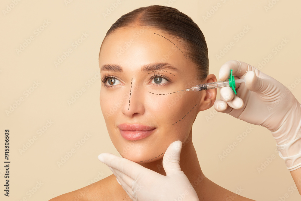 Facial mesotherapy. Beautician doing anti-aging injection for ...