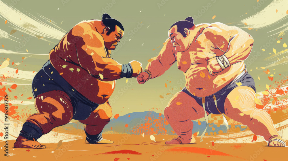 Illustrative depiction of two sumo wrestlers in a traditional wrestling ...