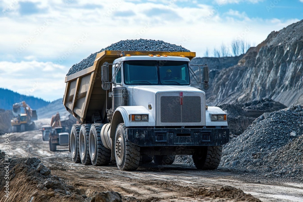 Articulated dump truck transporting large loads of gravel, navigating a ...