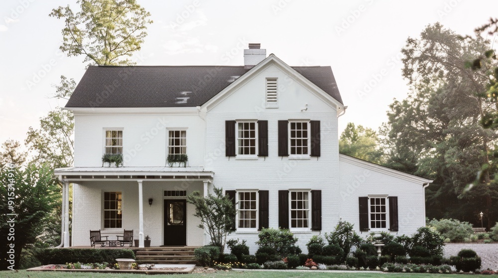 Charming white colonial-style house with black shutters and a lush ...