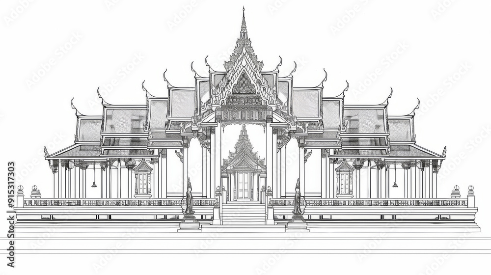 Black and white architectural drawing of a traditional building with ...