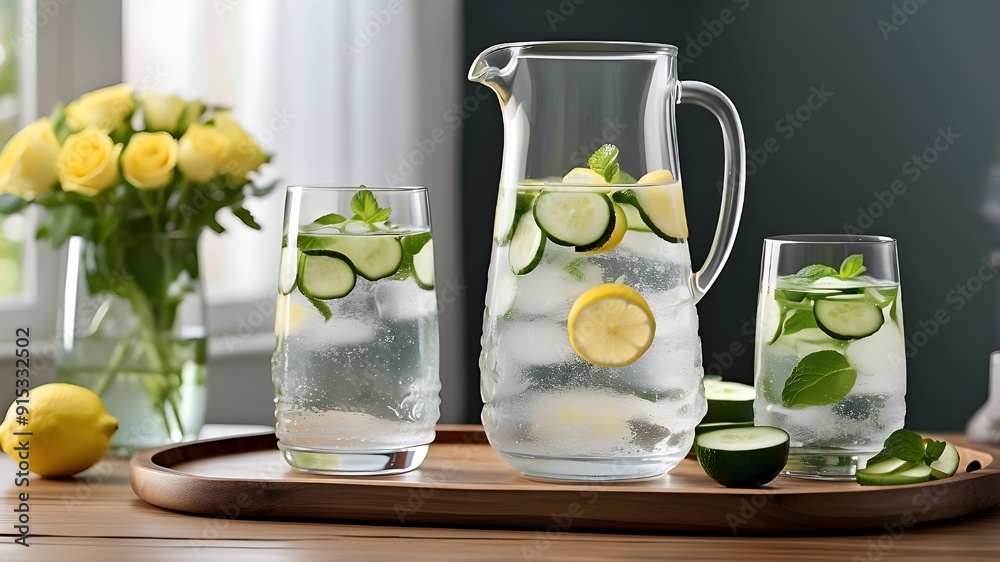 "A refreshing water set featuring a tall, clear glass pitcher filled ...