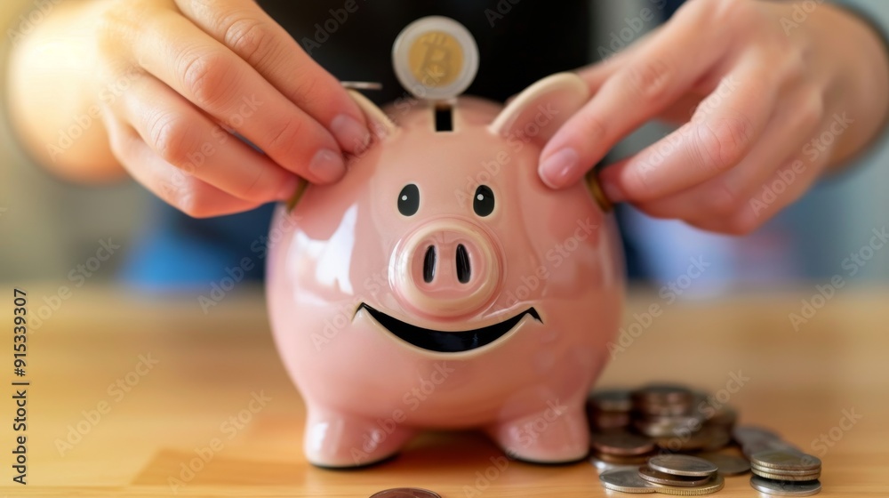 Poster Print The image shows a person putting a coin into a piggy bank 40x22.2 cm