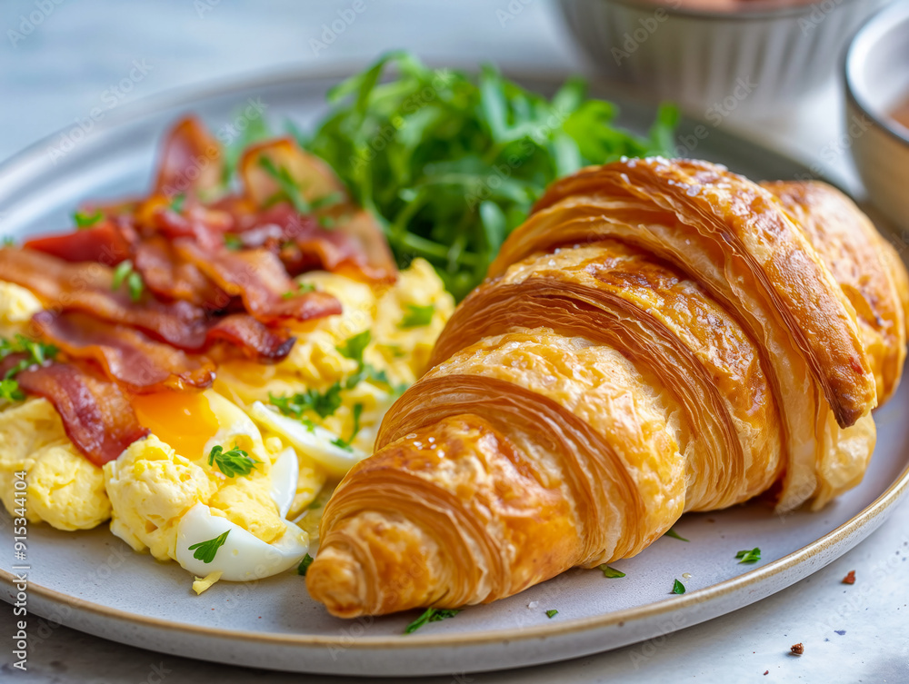 A plate of food with a croissant, bacon, and eggs. The croissant is ...