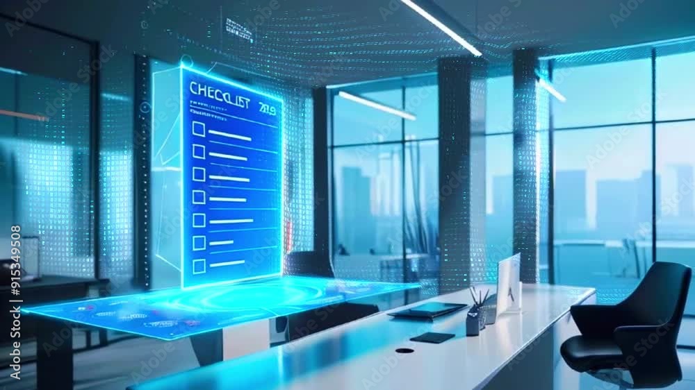 A futuristic digital checklist with checkboxes is displayed on a glass ...
