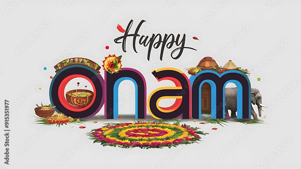 Happy Onam, Festival, Onam, Poster, 3d, typography, calligraphy, text ...