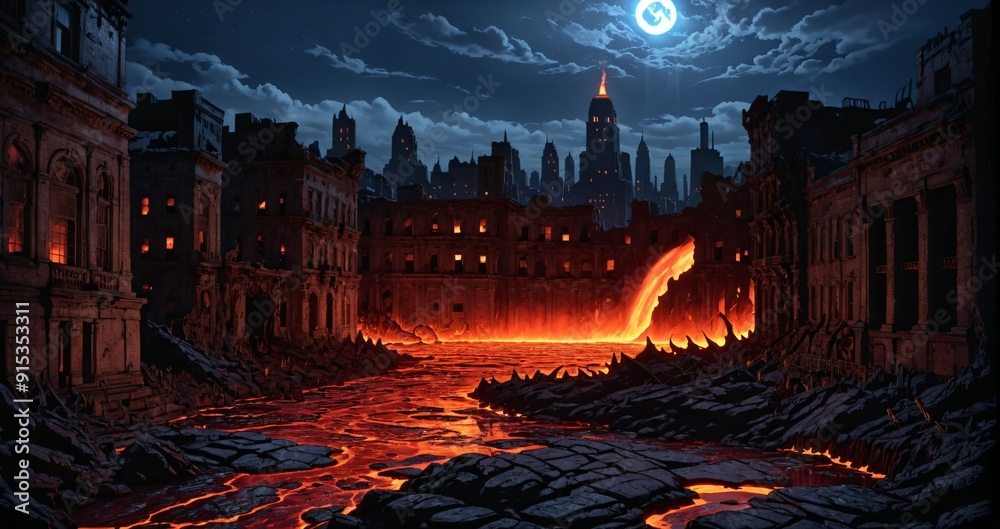 river of molten glowing lava and magma in city ruins in apocalyptic ...