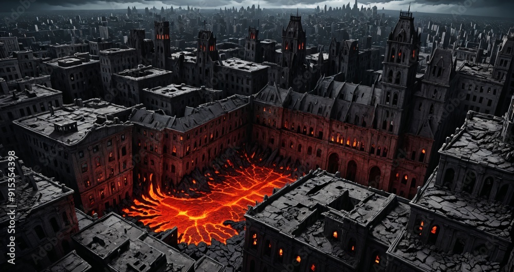 lava magma river flowing through destroyed city buildings in dark ...