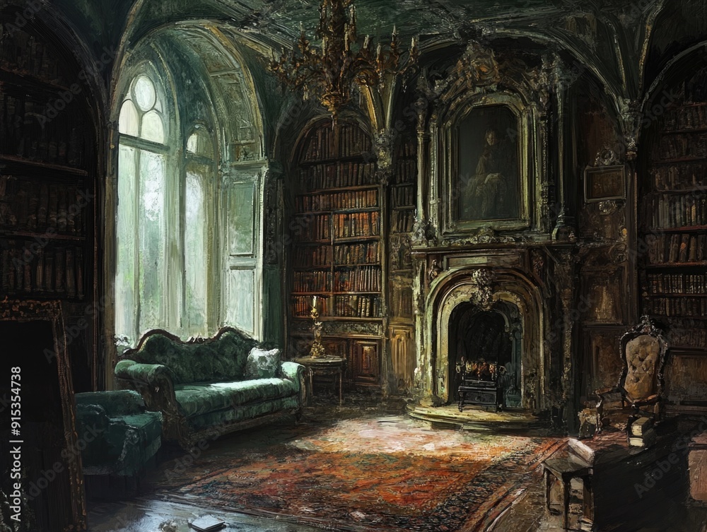 Gothic Library Room with Antique Furniture, Bookshelves, and Grand ...