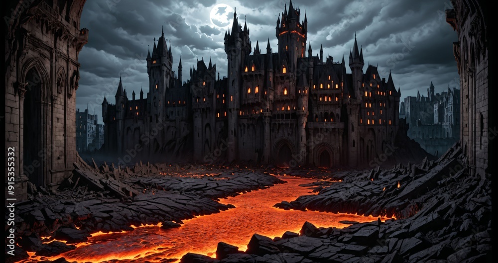 gothic hellmouth castle fortress with flowing river molten lava and ...