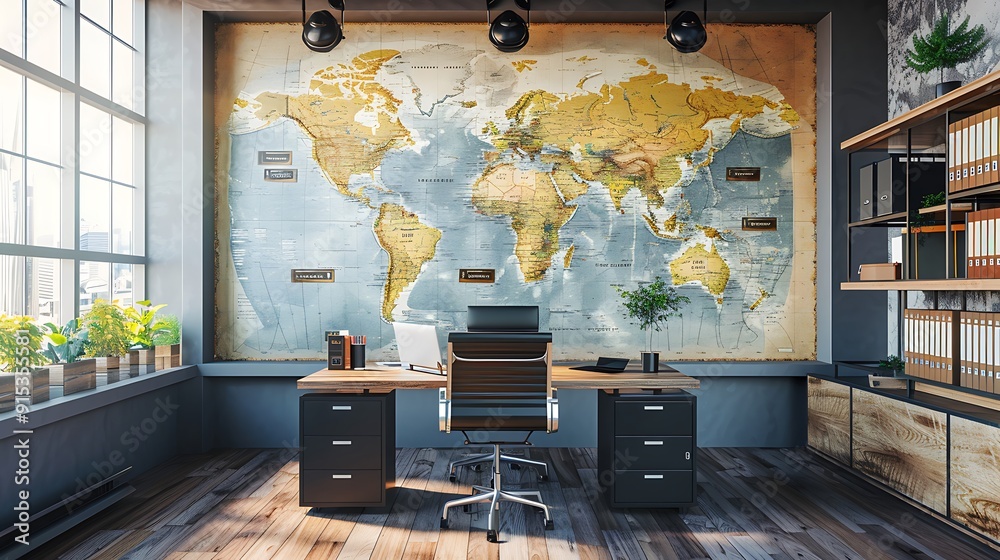 Travel agency office with world map walls and travel itinerary boards ...