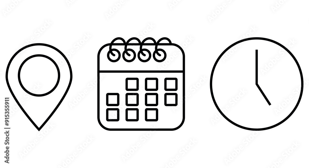 Vector flat icon of clock, point on map and calendar for websites and ...