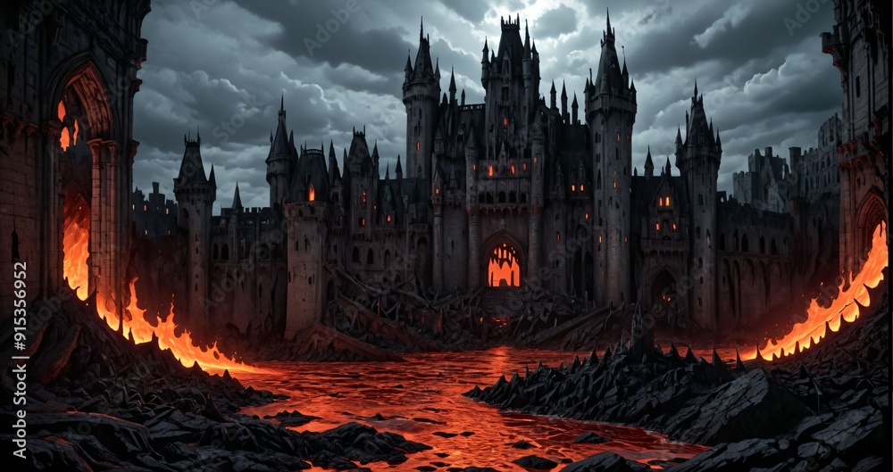 gothic hellmouth castle fortress with flowing river molten lava and ...
