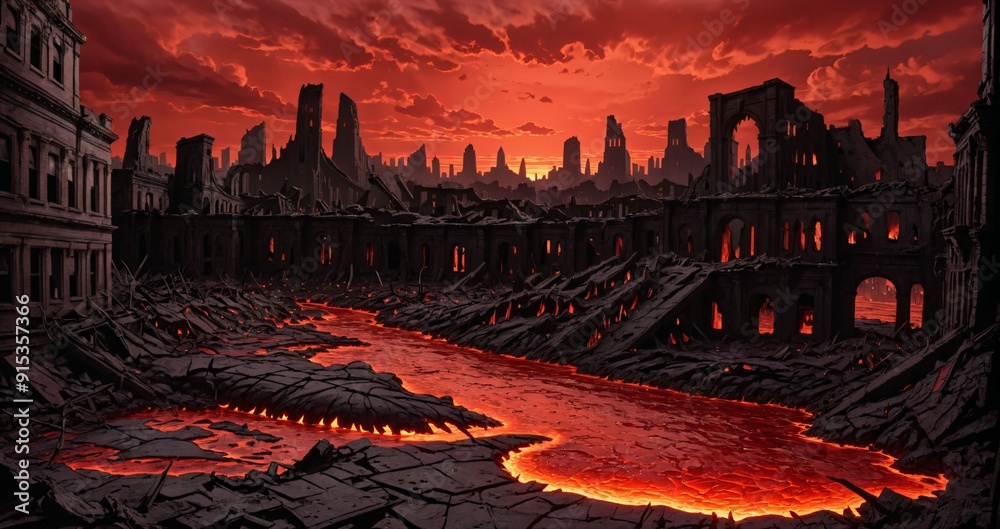 lava river to gothic castle with molten magma under a blood red sky ...
